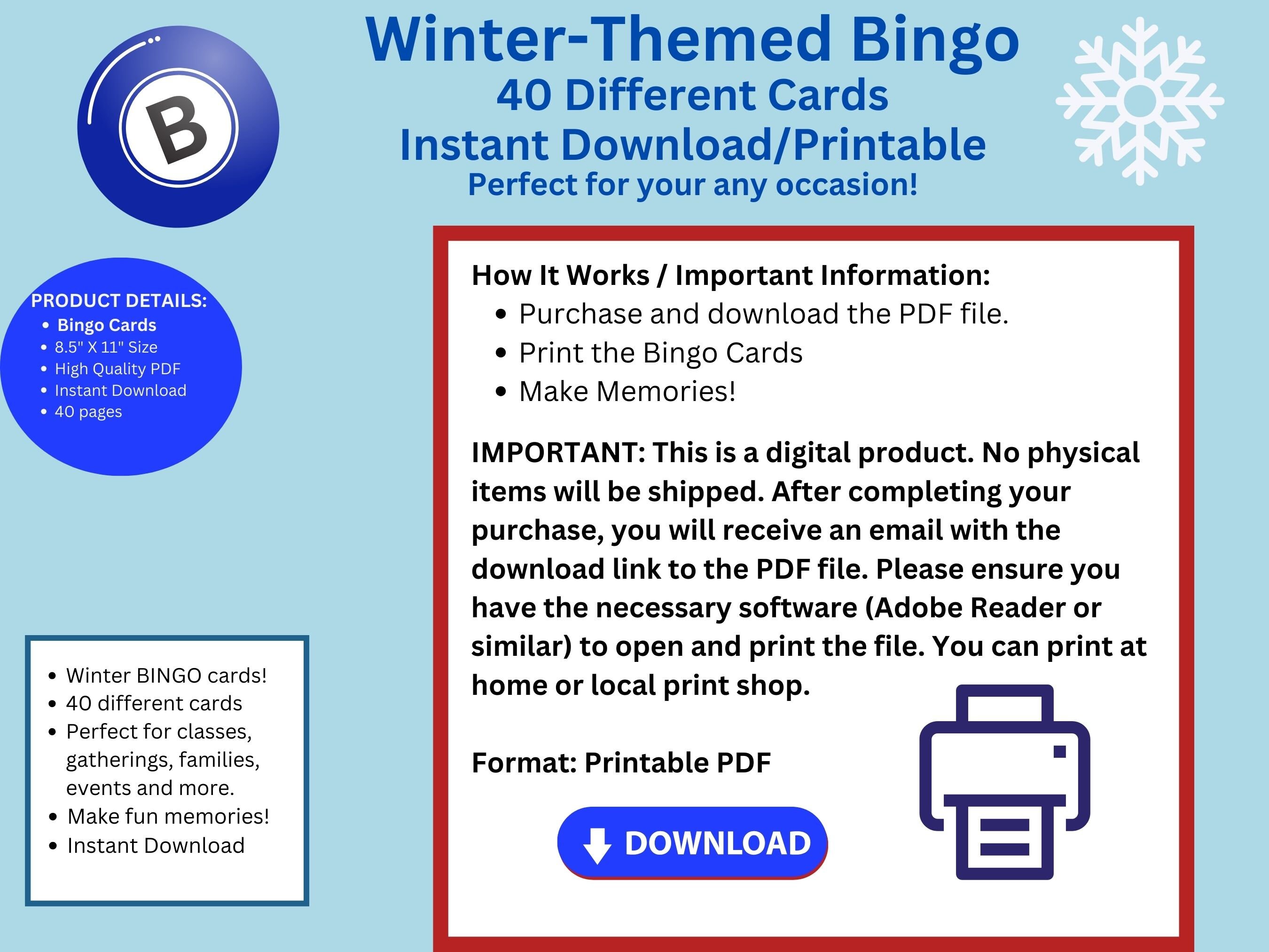 Winter-themed Bingo Pack, 40 Unique Cards, Classroom Party, Family Game ...