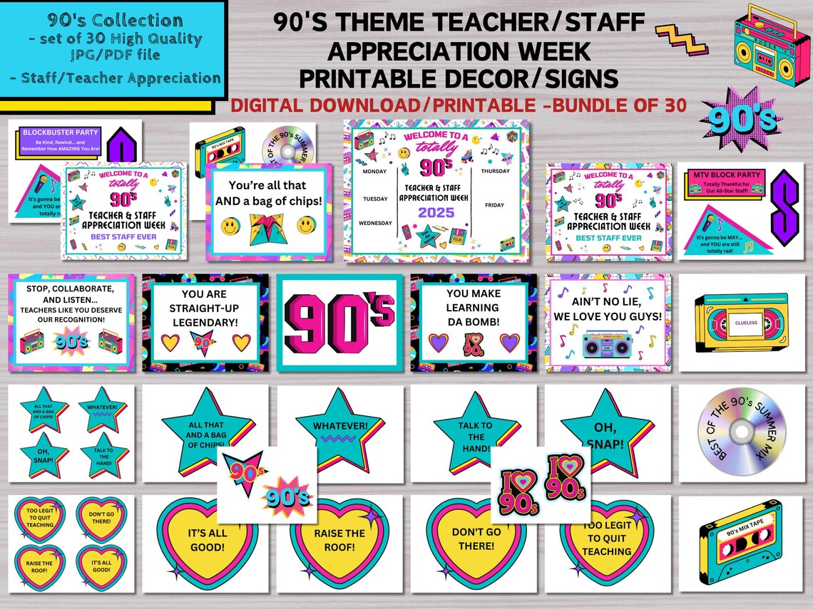 90's-themed Staff & Teacher Appreciation Week Printable Signs, Bundle ...