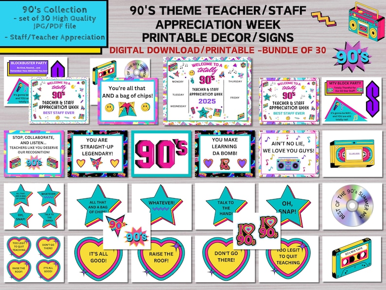 90's-themed Staff & Teacher Appreciation Week Printable Signs, Bundle ...