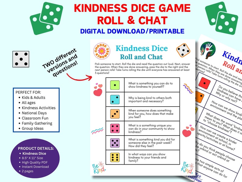 Kindness Dice Game, Conversation Starters, Roll and Play, Group/class ...