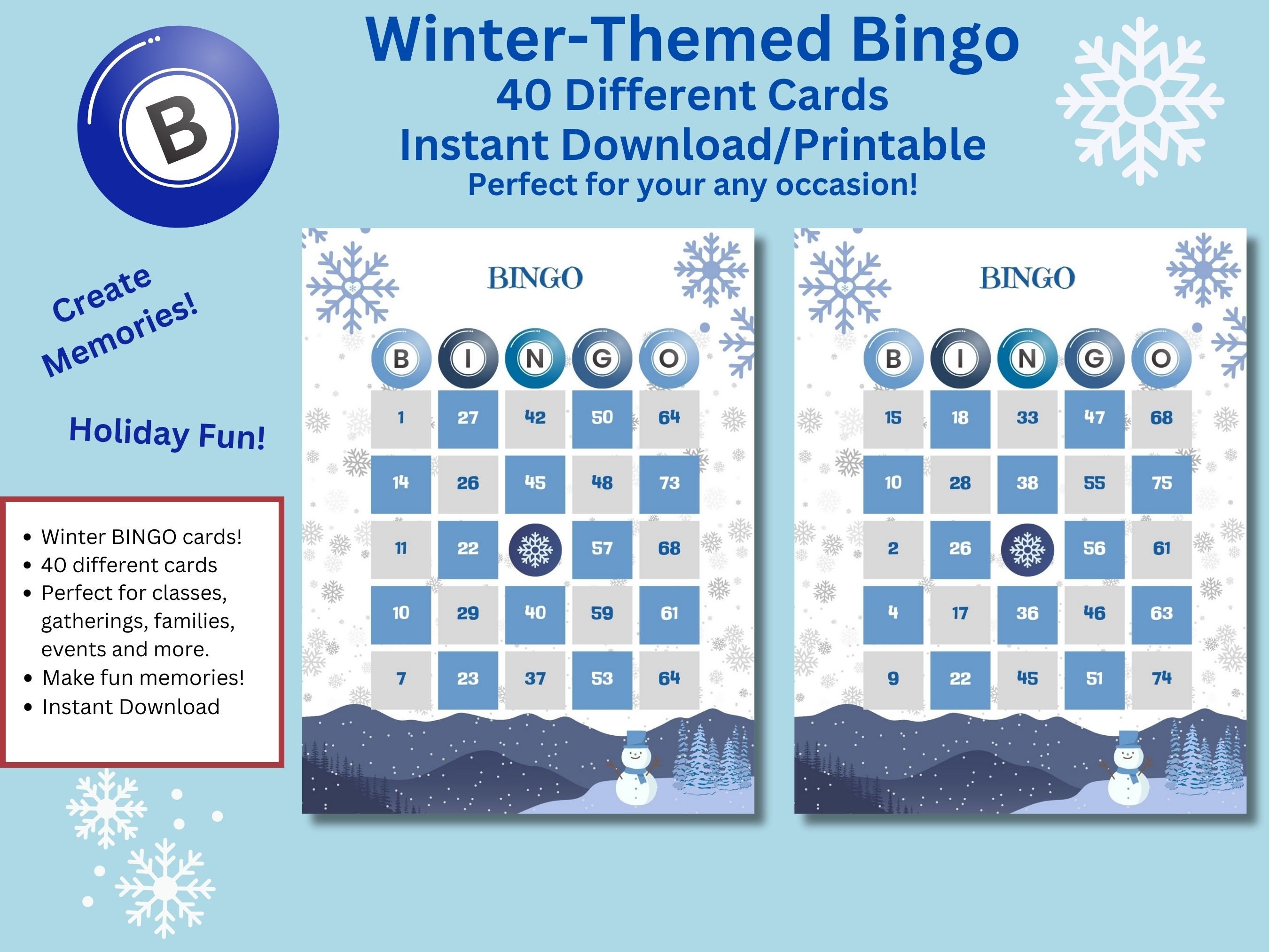 Winter-themed Bingo Pack, 40 Unique Cards, Classroom Party, Family Game ...