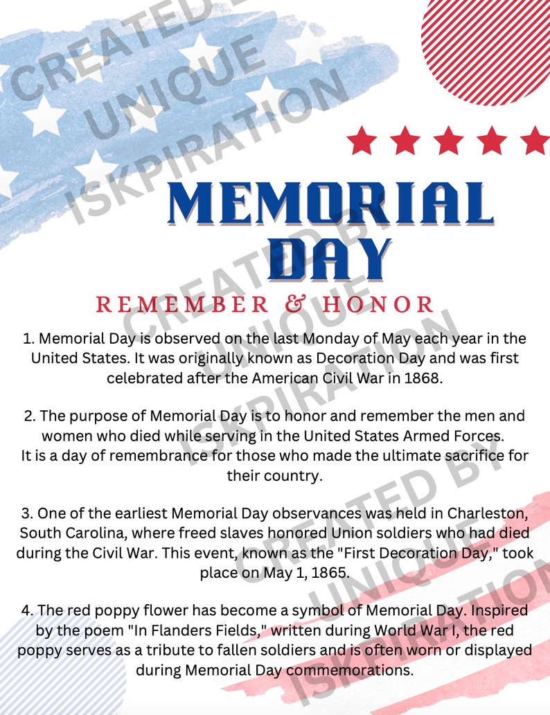 Memorial Day - Facts Download/printable - Etsy