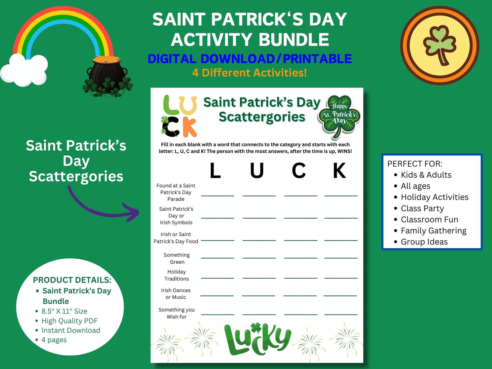 Saint Patrick's Day Activity Bundle, Word Scramble, Scattergories, A to ...