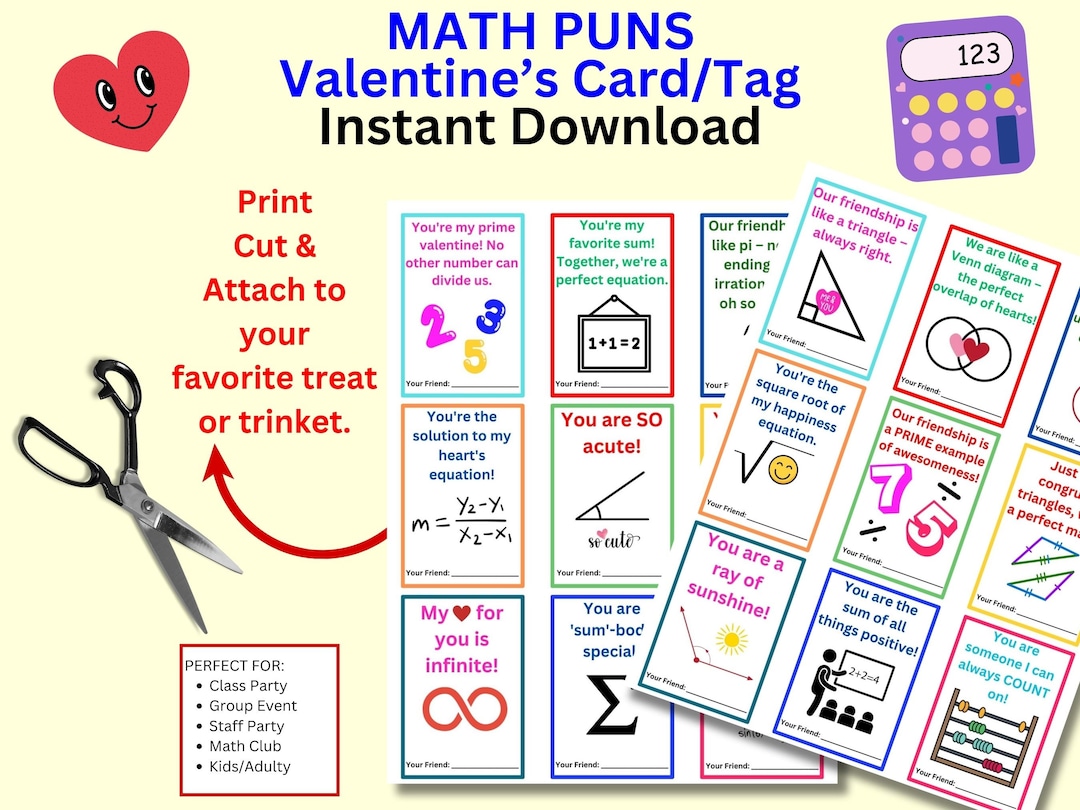 Math Puns: Colorful Valentine's Math Pun Notes, Printable Cards ...