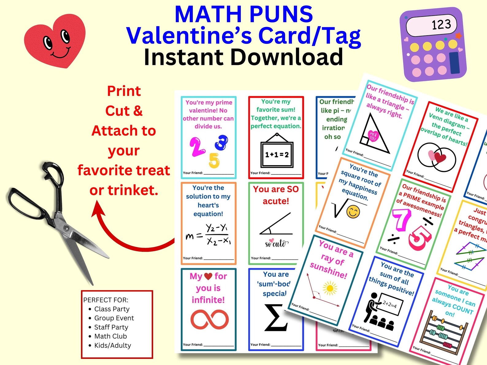 Math Puns: Colorful Valentine's Math Pun Notes, Printable Cards ...