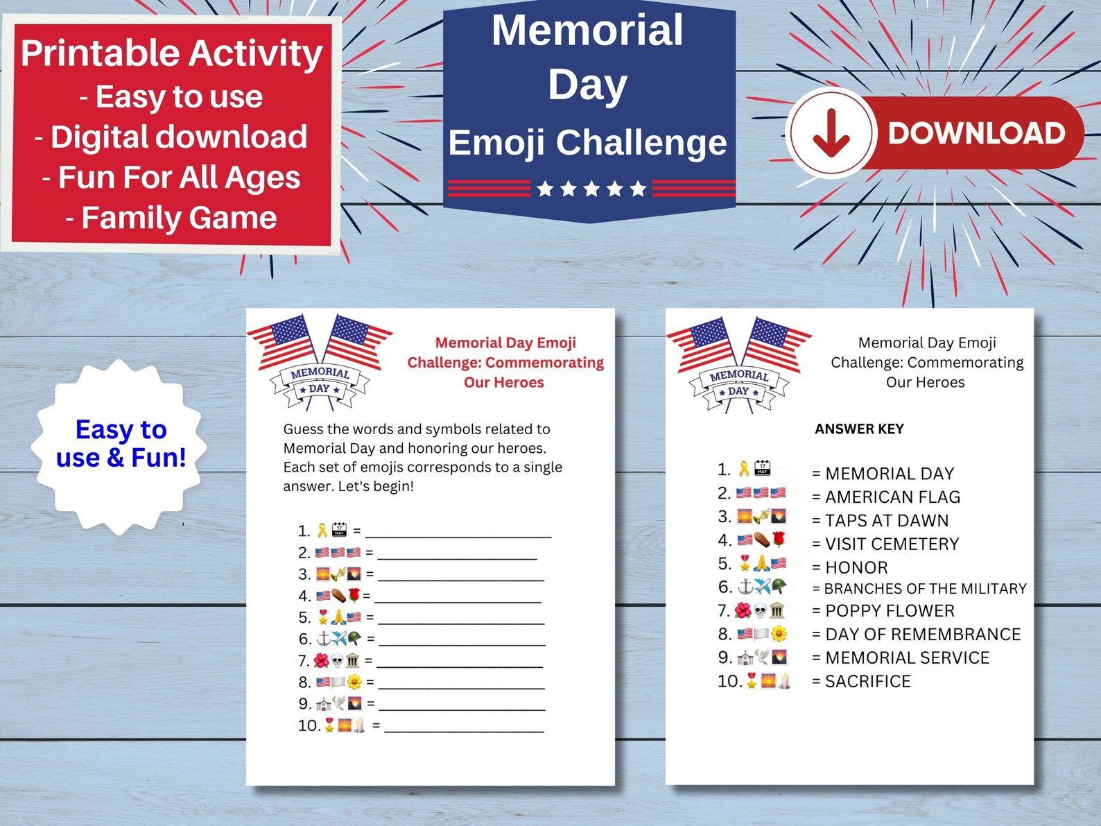 Memorial Day Emoji Challenge, Family Game, Holiday Puzzle, Kid's ...