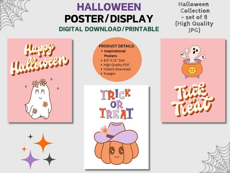 Halloween Wall Art Prints- Printable Set of 8, Vintage, Retro, Boho ...