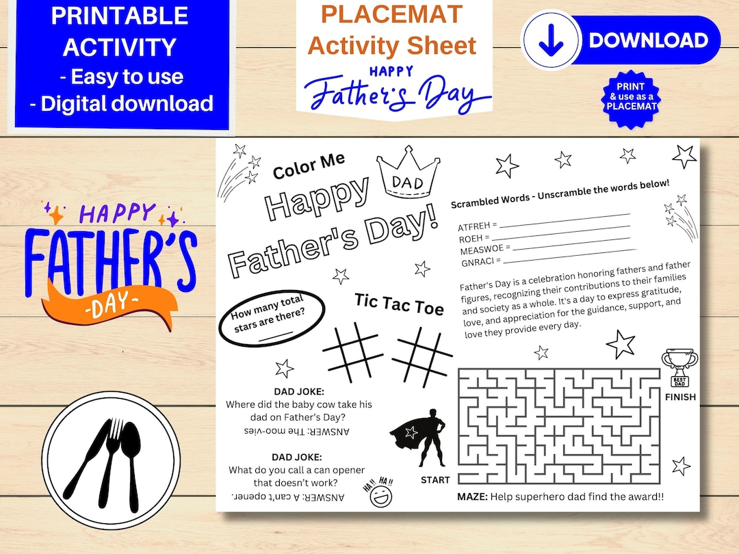 Father's Day Printable Placemat for Kids, Table Mat Activity Sheet ...