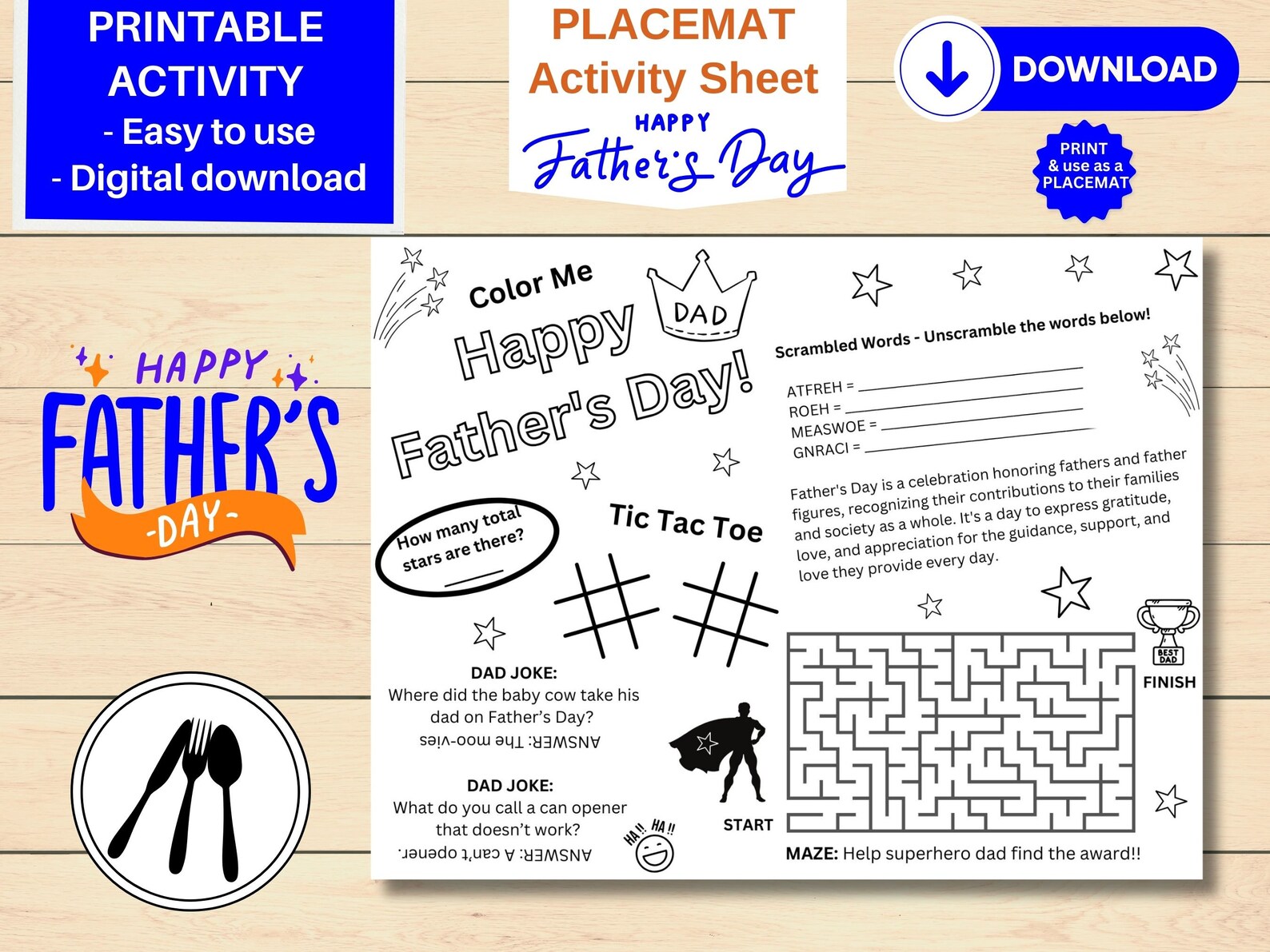 Father's Day Printable Placemat for Kids, Table Mat Activity Sheet ...