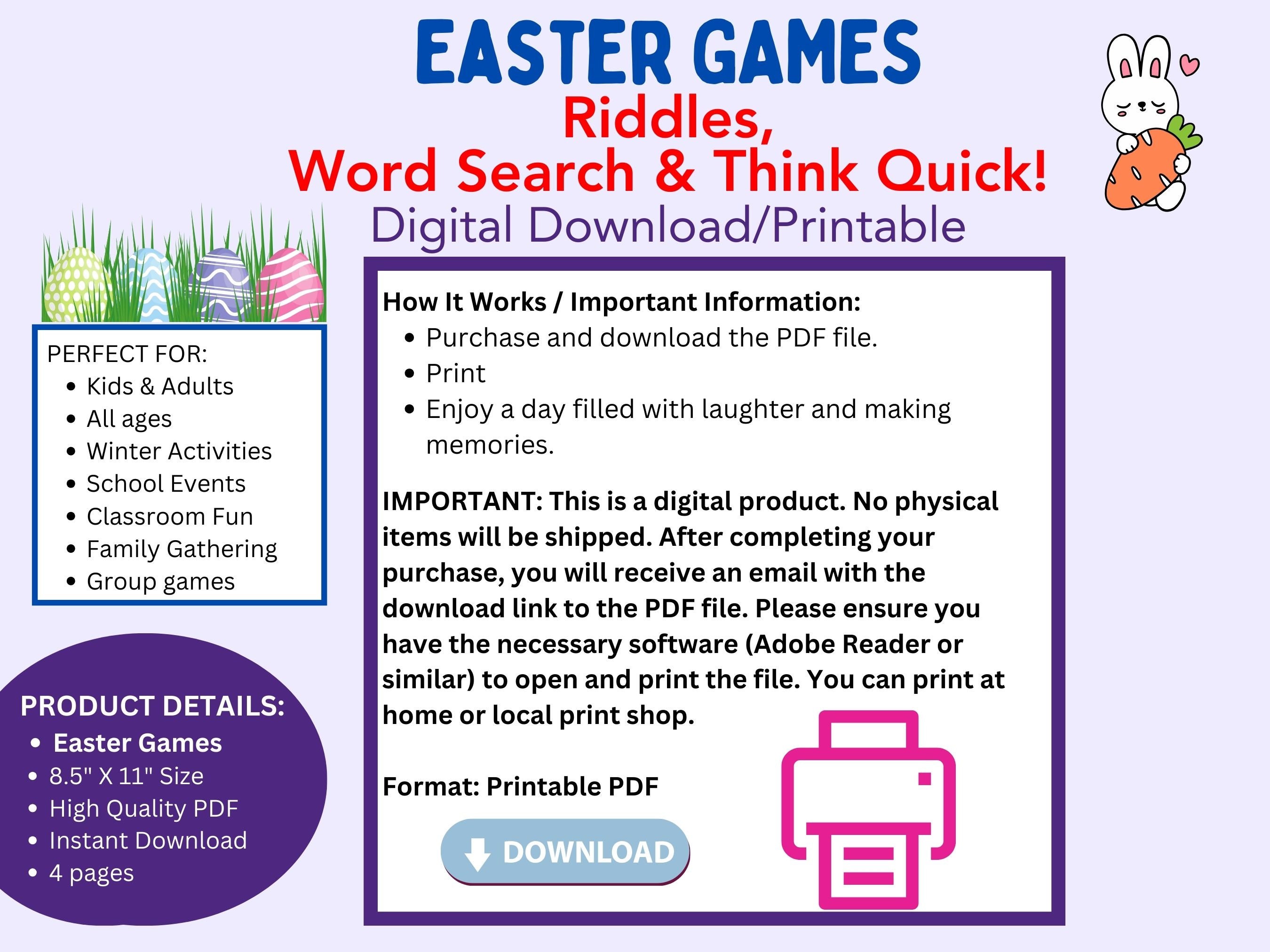 Easter Fun Pack, Family Game Bundle, Easter Word Search, Think Race ...