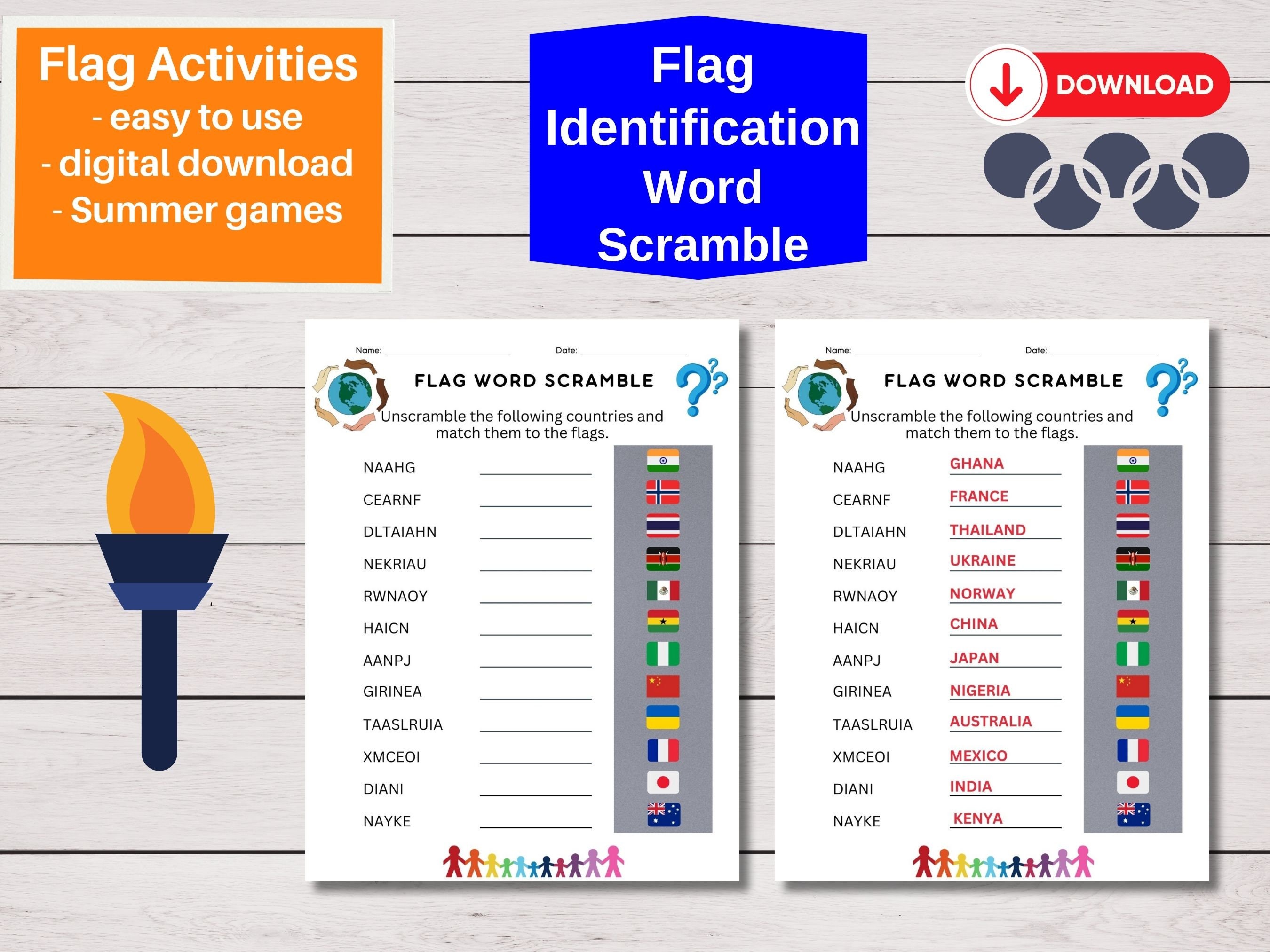 Flag Identification Activity Bundle, Summer Games 2024, Word Scramble ...