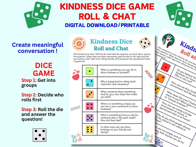Kindness Dice Game, Conversation Starters, Roll and Play, Group/class ...