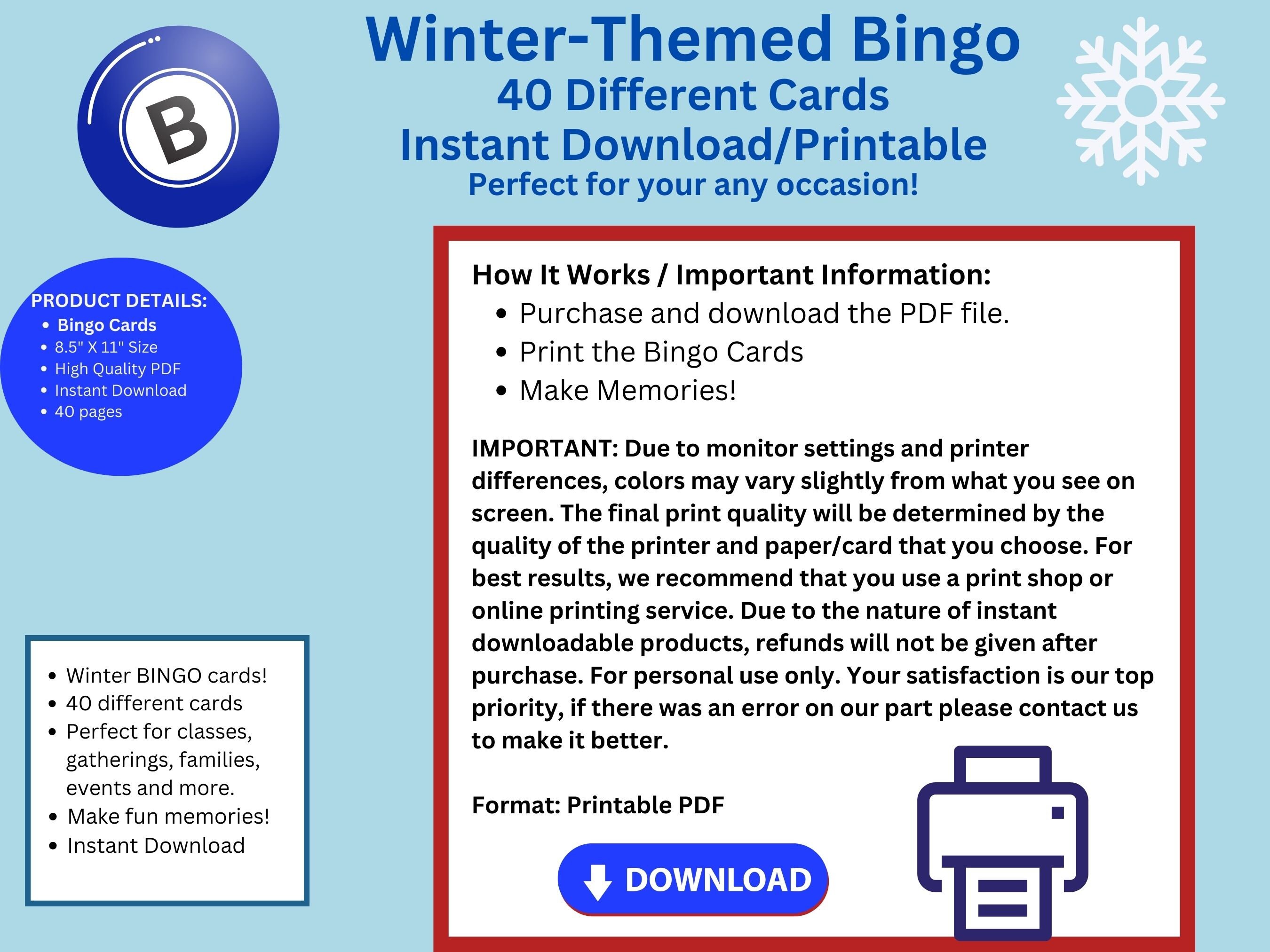 Winter-themed Bingo Pack, 40 Unique Cards, Classroom Party, Family Game ...