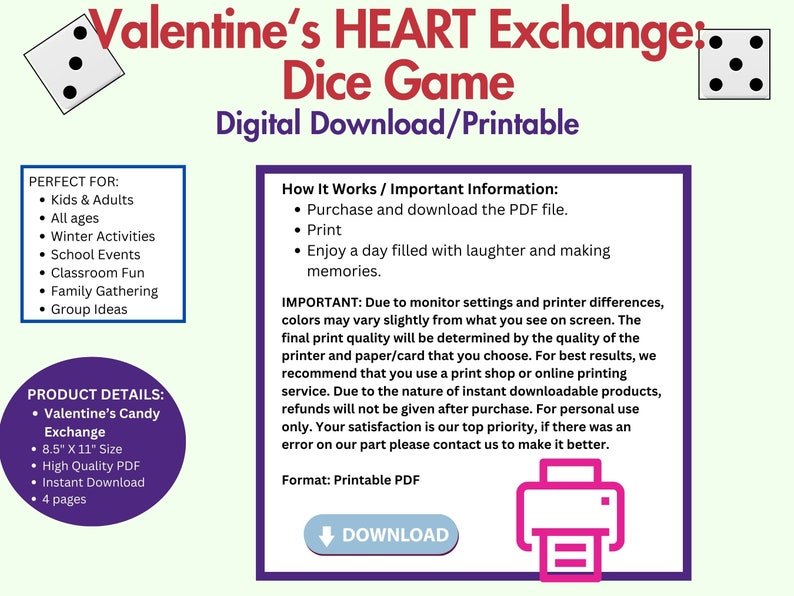 Valentine's Dice Game, Heart Exchange Game, School & Family Activity ...