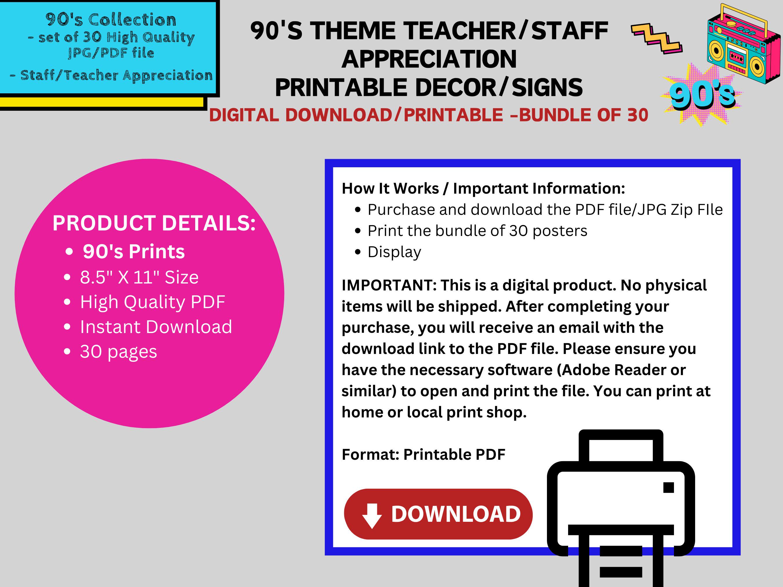 90's-themed Staff & Teacher Appreciation Week Printable Signs, Bundle ...