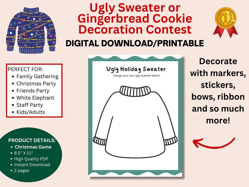 Ugly Sweater and Gingerbread Decorating Template, Digital/instant ...