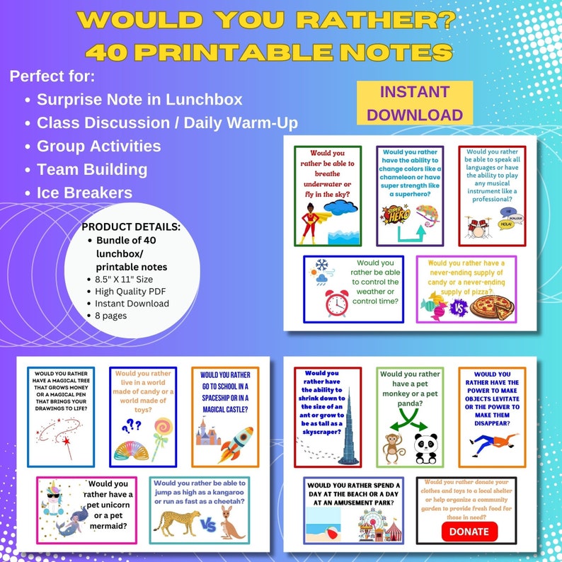 Bundle of 40 "would You Rather?" Notes, Lunchbox Notes, Class Ice ...