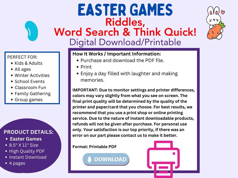 Easter Fun Pack, Family Game Bundle, Easter Word Search, Think Race ...