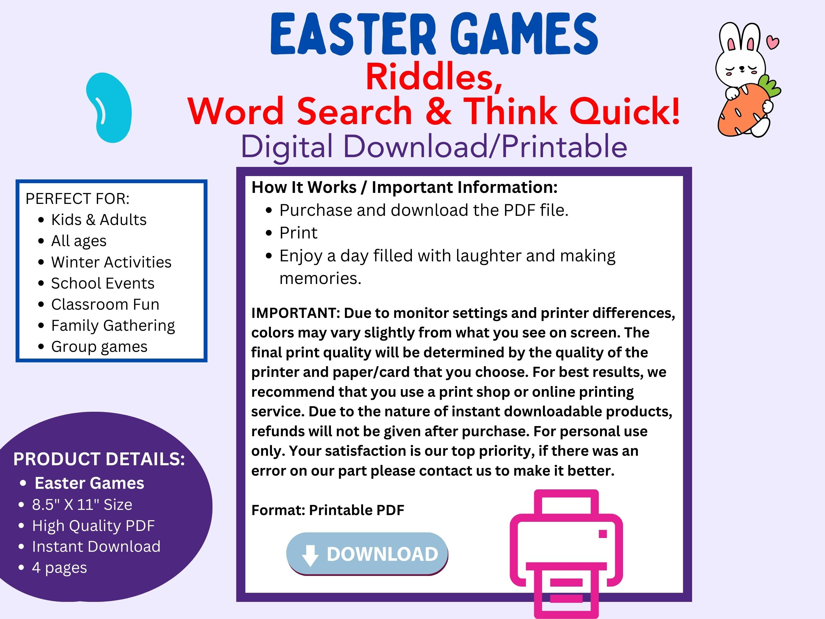 Easter Fun Pack, Family Game Bundle, Easter Word Search, Think Race ...