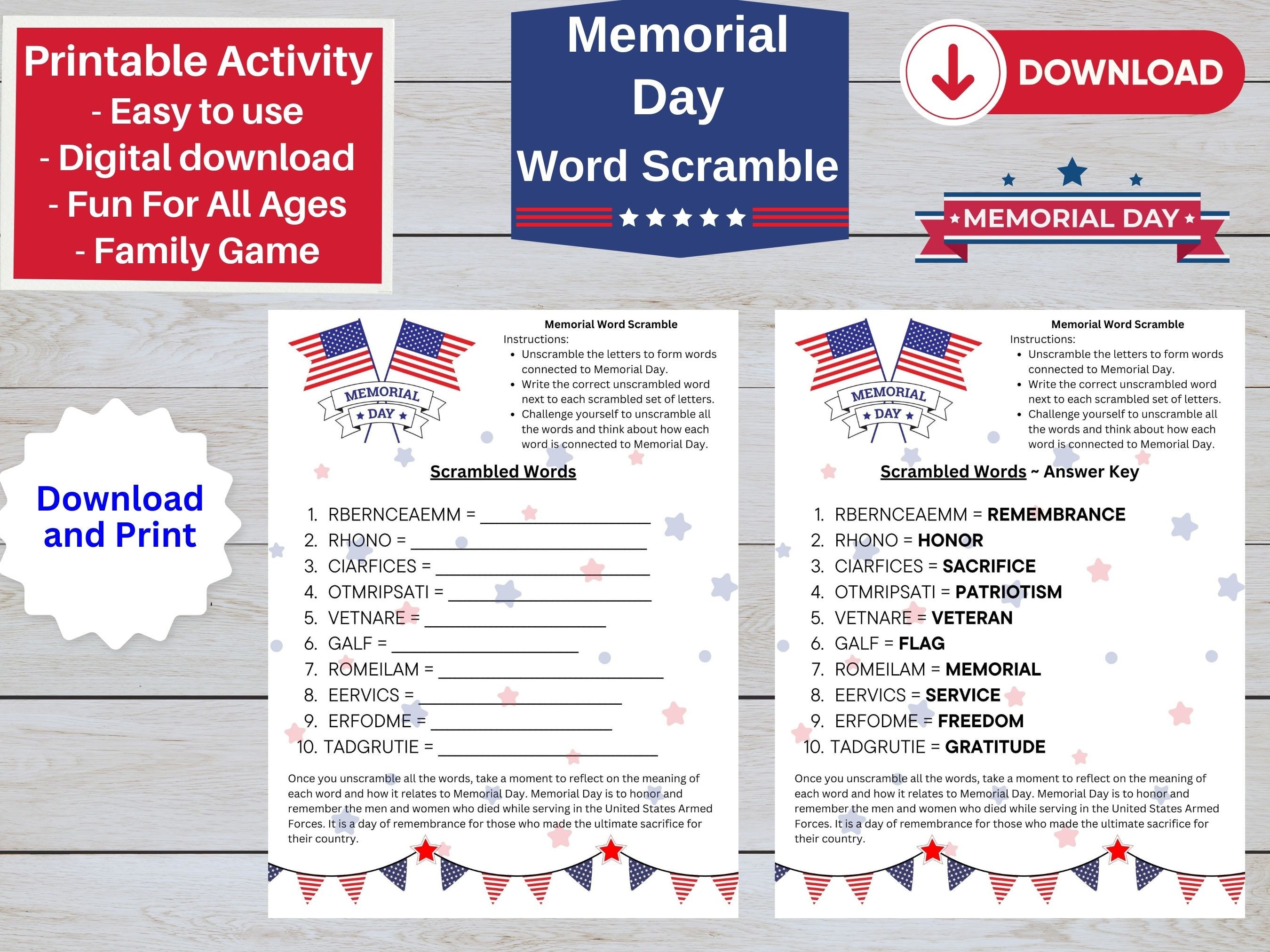 Memorial Day Word Scramble, Family Gathering Puzzle, Activity for All ...