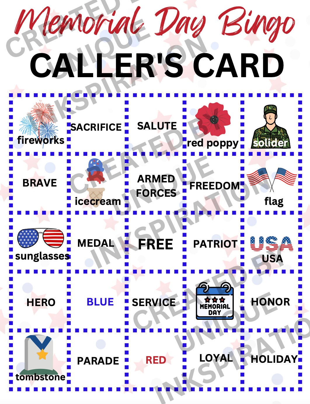 Memorial Day Bingo - 30 Unique Printable Bingo Cards - Etsy