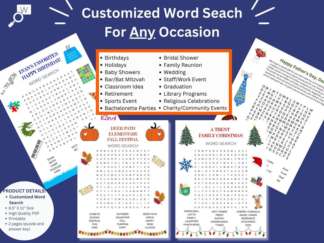 CUSTOMIZED WORD SEARCH, Perfect for Any Occasion, Unique Gift Idea ...