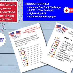 Memorial Day Emoji Challenge, Family Game, Holiday Puzzle, Kid's ...