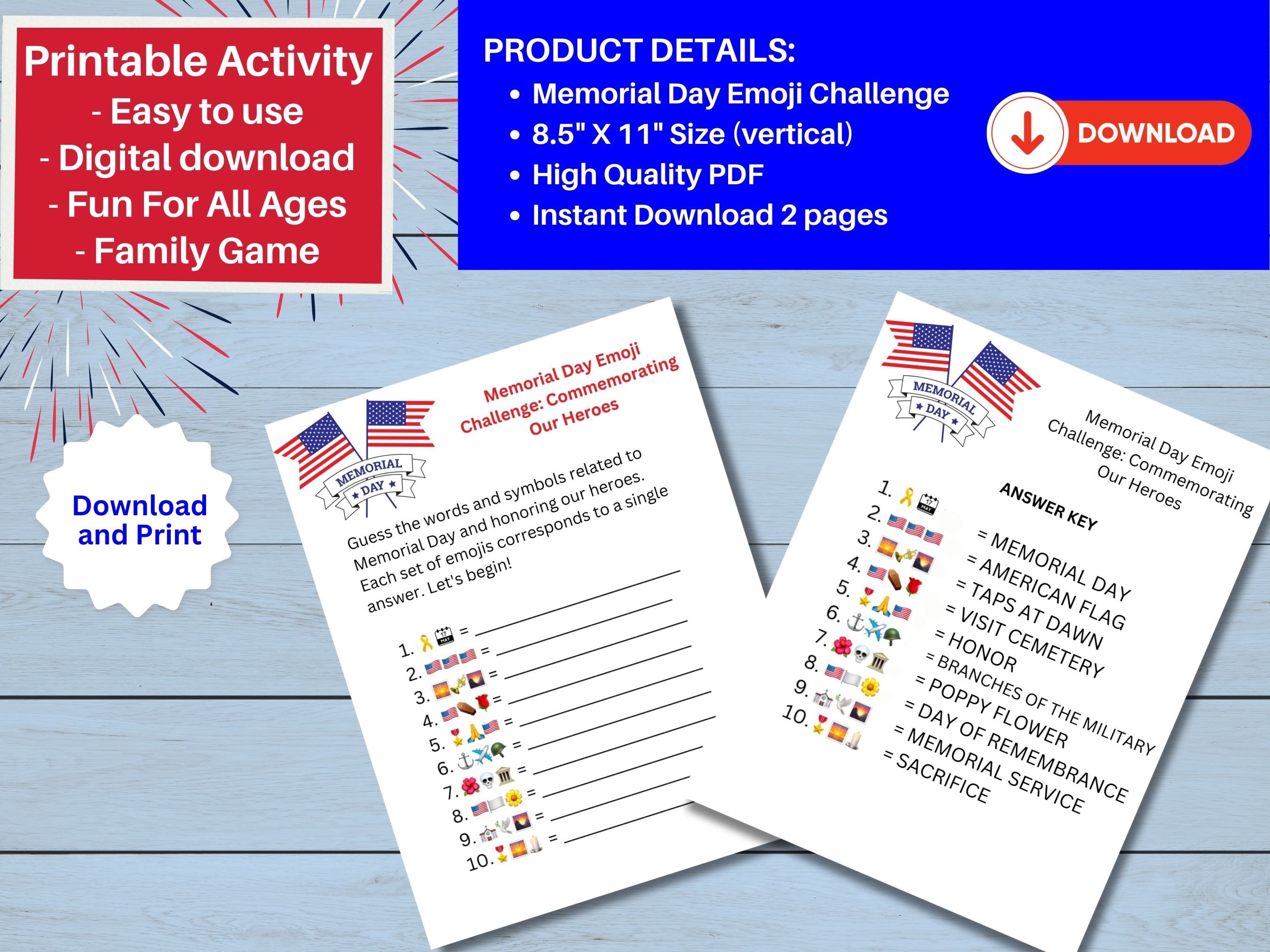 Memorial Day Emoji Challenge, Family Game, Holiday Puzzle, Kid's ...