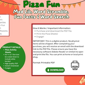Pizza-themed Fun Activities Bundle: Mad Lib, Word Scramble, and Word ...