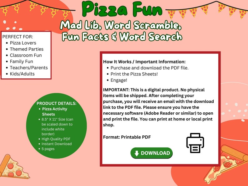 Pizza-themed Fun Activities Bundle: Mad Lib, Word Scramble, and Word ...