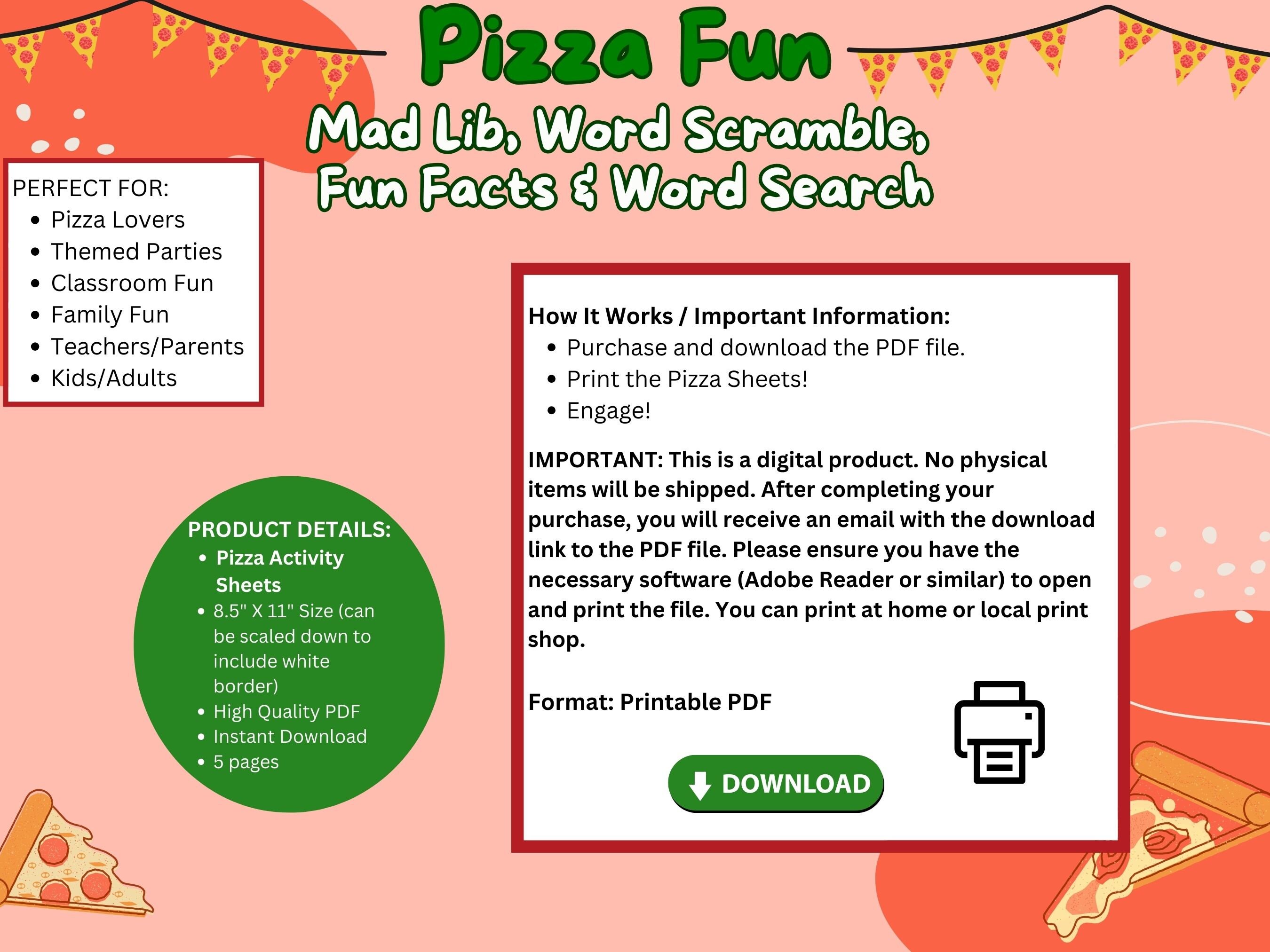 Pizza-themed Fun Activities Bundle: Mad Lib, Word Scramble, and Word ...