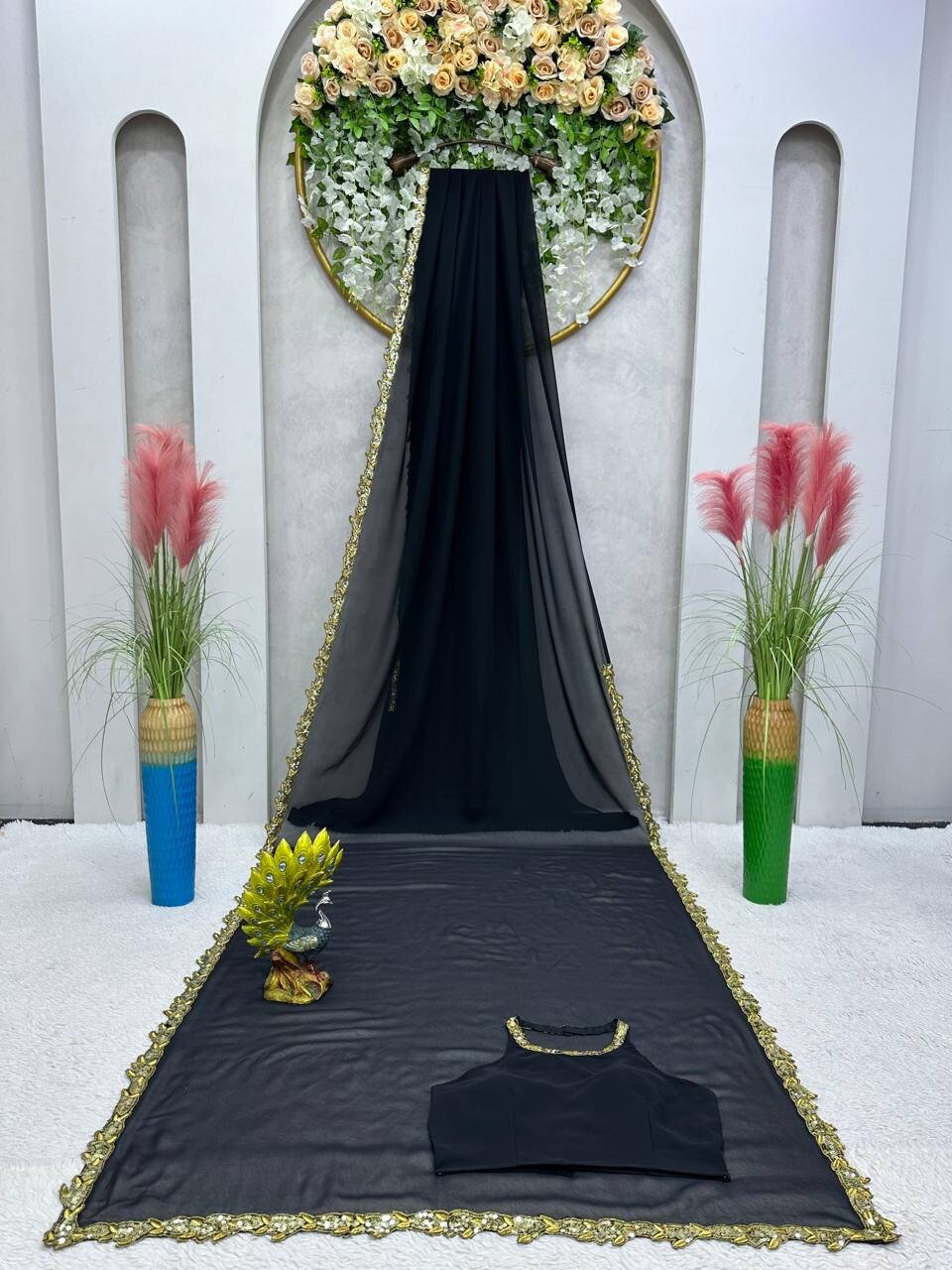 Black Indian Wedding Saree for Women, Saree With Stitched Blouse, Reception Cocktail Party Wear ...