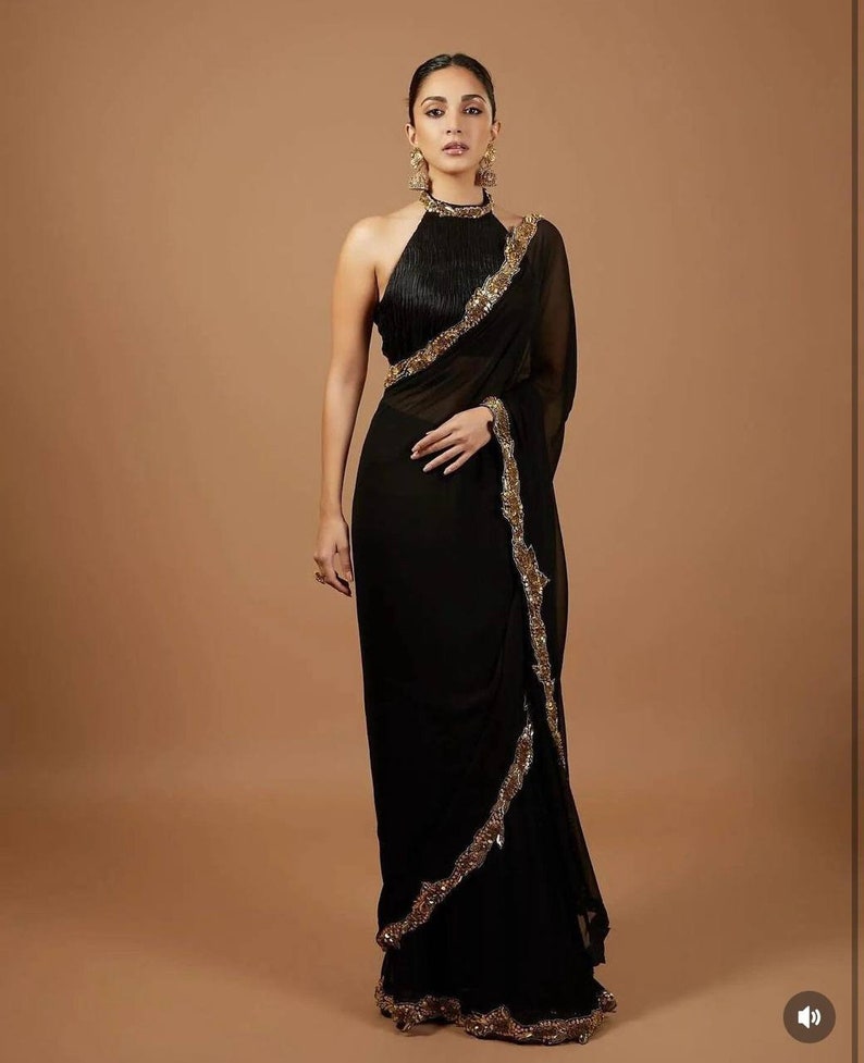 Black Indian Wedding Saree for Women, Saree With Stitched Blouse, Reception Cocktail Party Wear ...