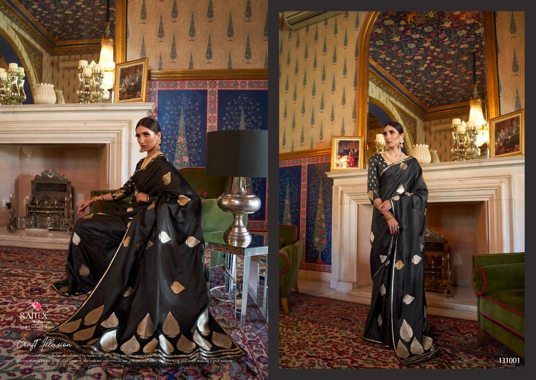 Kaarik Silk Saree Soot Black Satin Saree Zari Woven With - Etsy