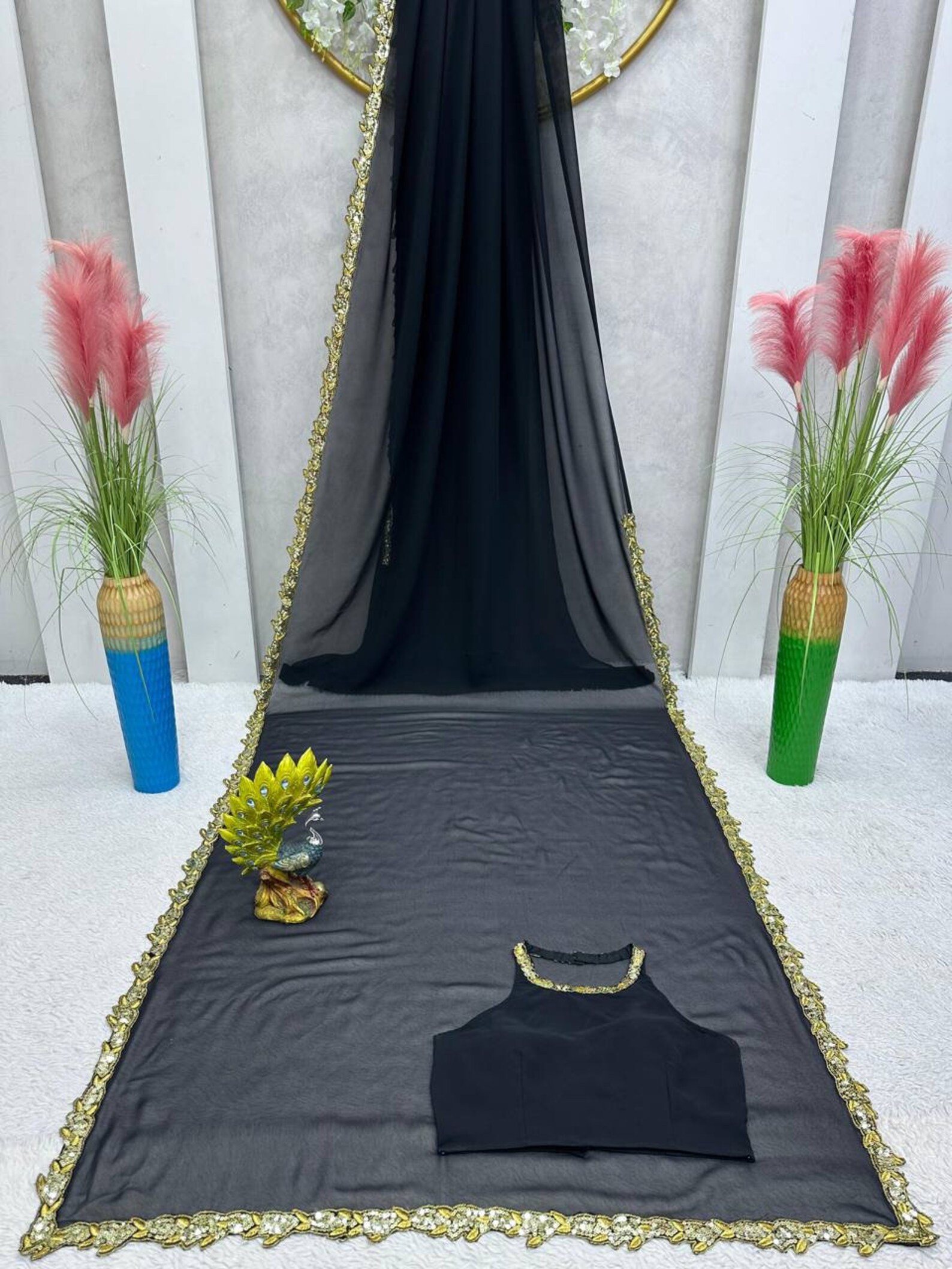 Black Indian Wedding Saree for Women, Saree With Stitched Blouse, Reception Cocktail Party Wear ...