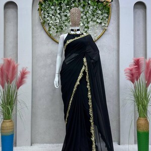Black Indian Wedding Saree for Women, Saree With Stitched Blouse, Reception Cocktail Party Wear ...