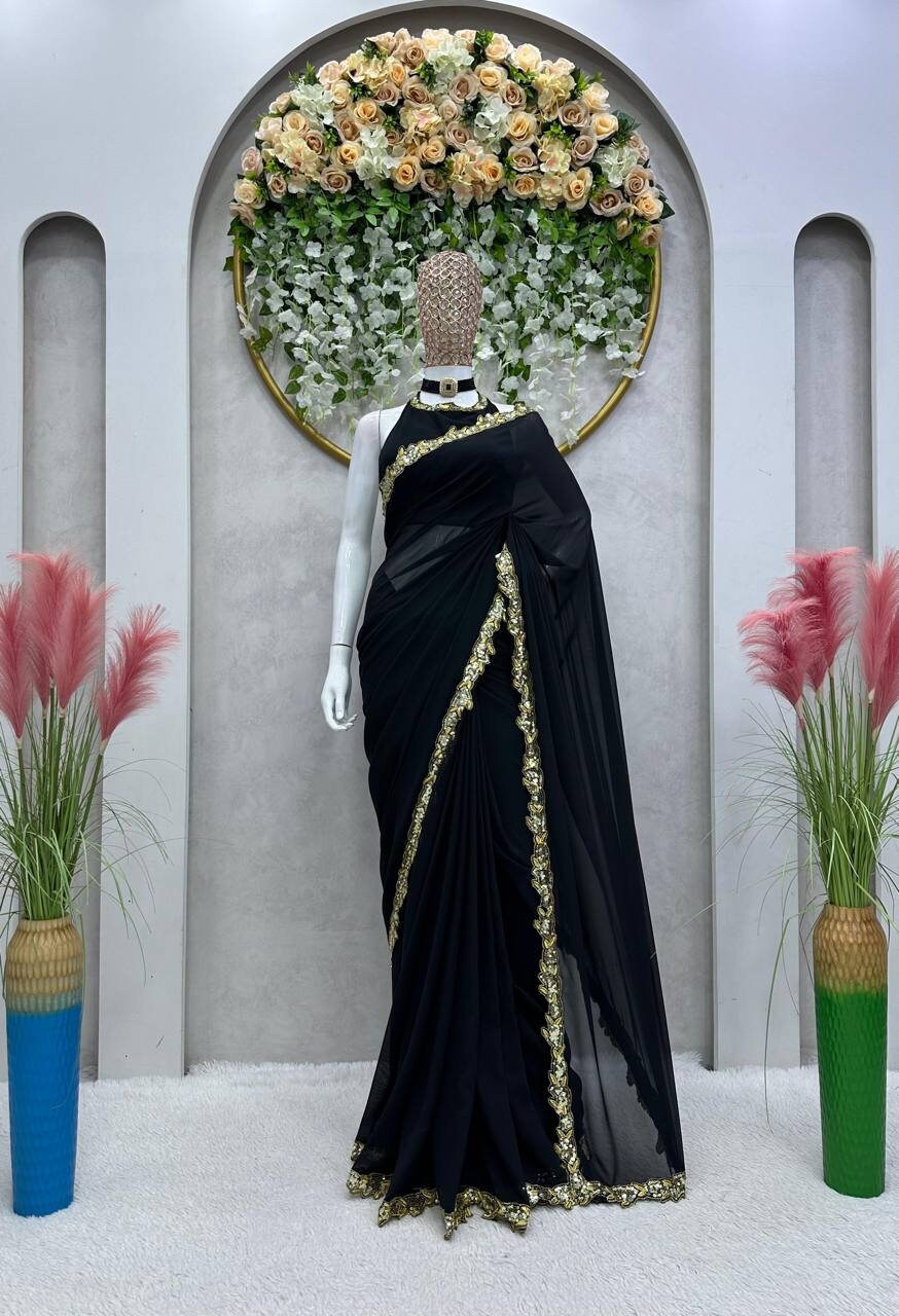 Black Indian Wedding Saree for Women, Saree With Stitched Blouse, Reception Cocktail Party Wear ...