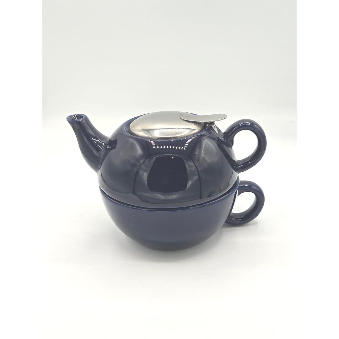 Deep Blue Ceramic Tea Pot With Infuser and Matching Cup Set for One - Etsy