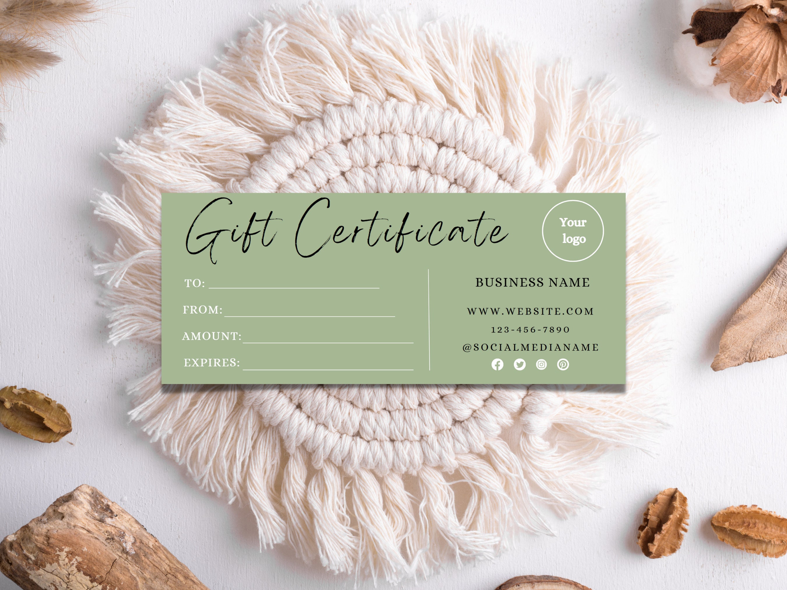 Sage Green Editable Gift Certificate Template, Printable DIY Gift ...