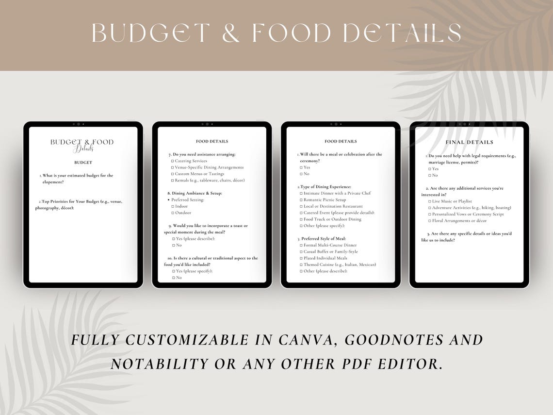 17 Page Elopement Wedding Questionnaire Form, GOODNOTES Elopement ...