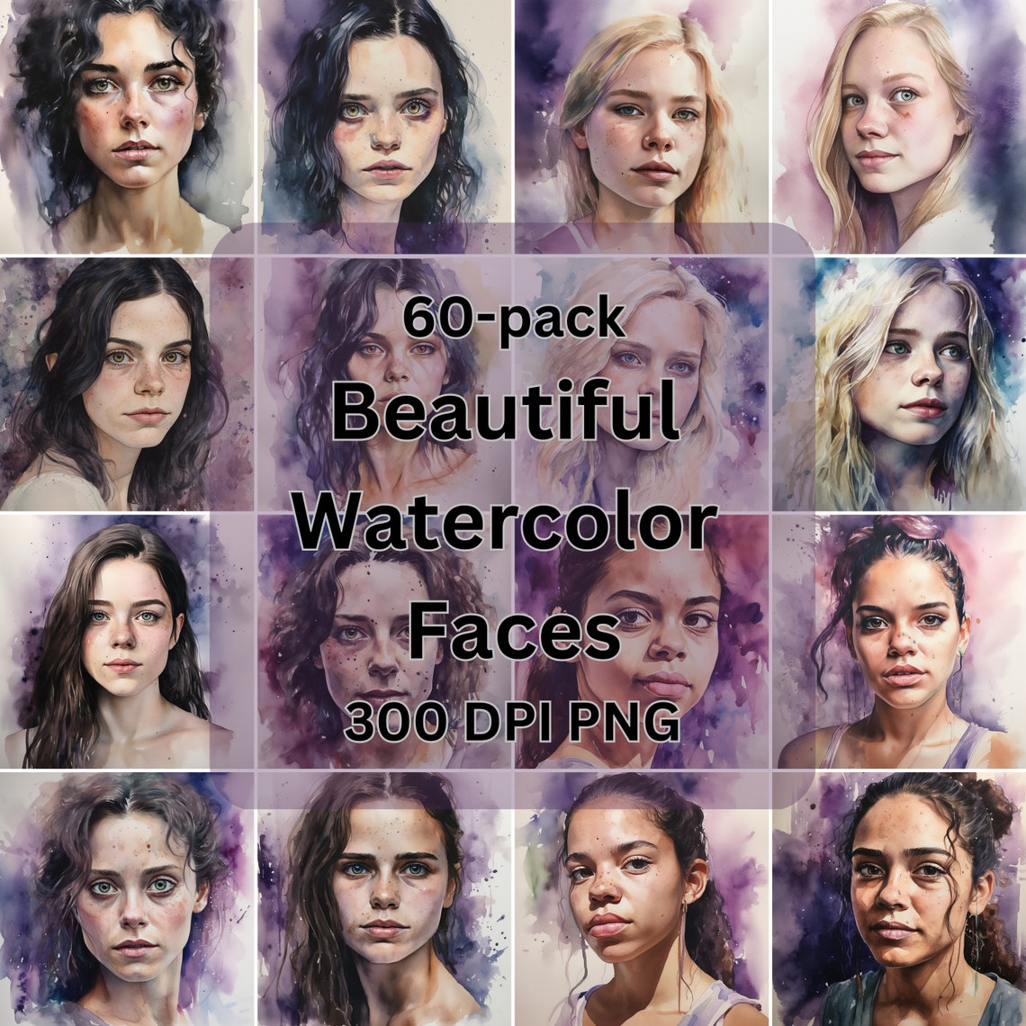 60-pack Watercolor Faces - Women Faces - Watercolor Art - Digital ...