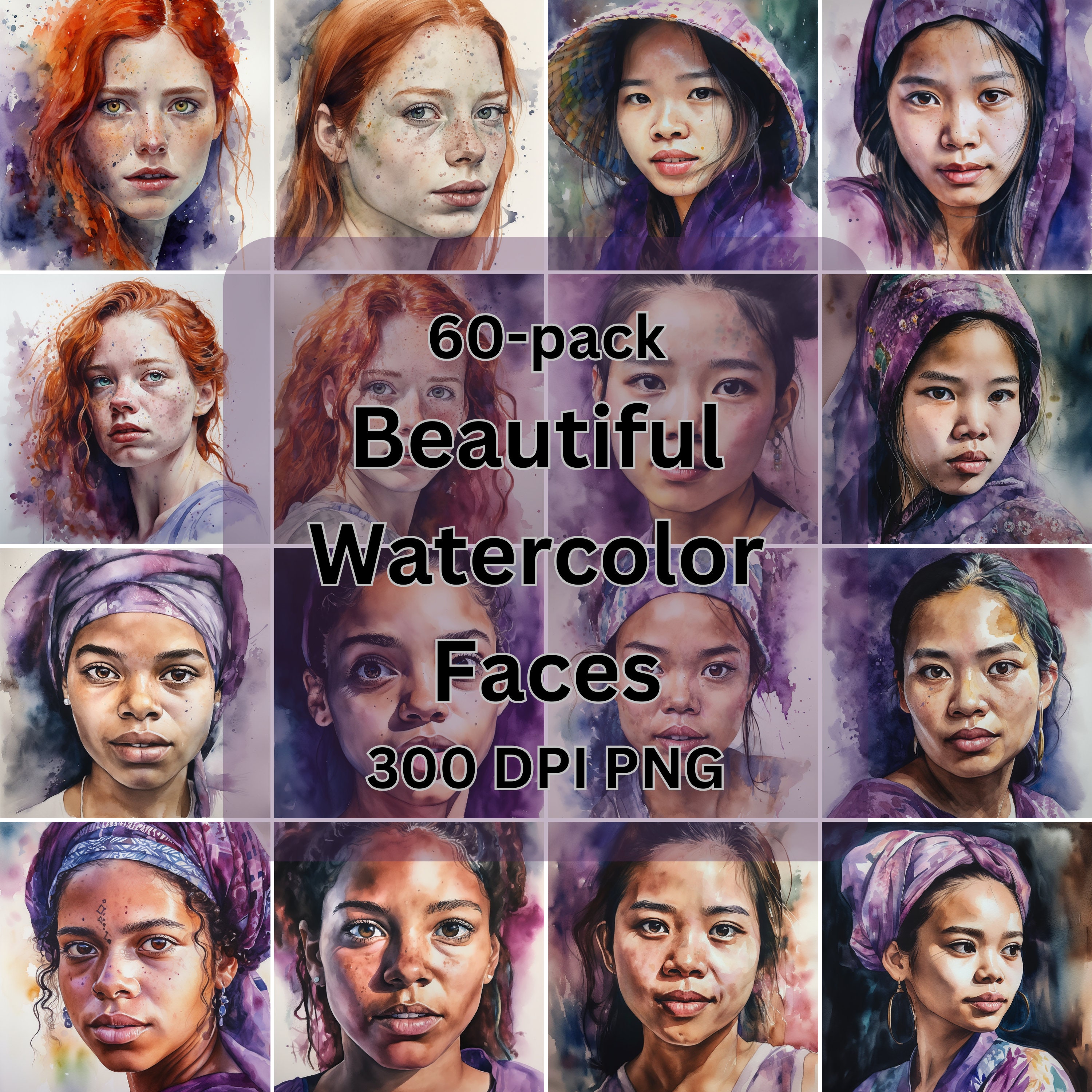 60-pack Watercolor Faces - Women Faces - Watercolor Art - Digital ...