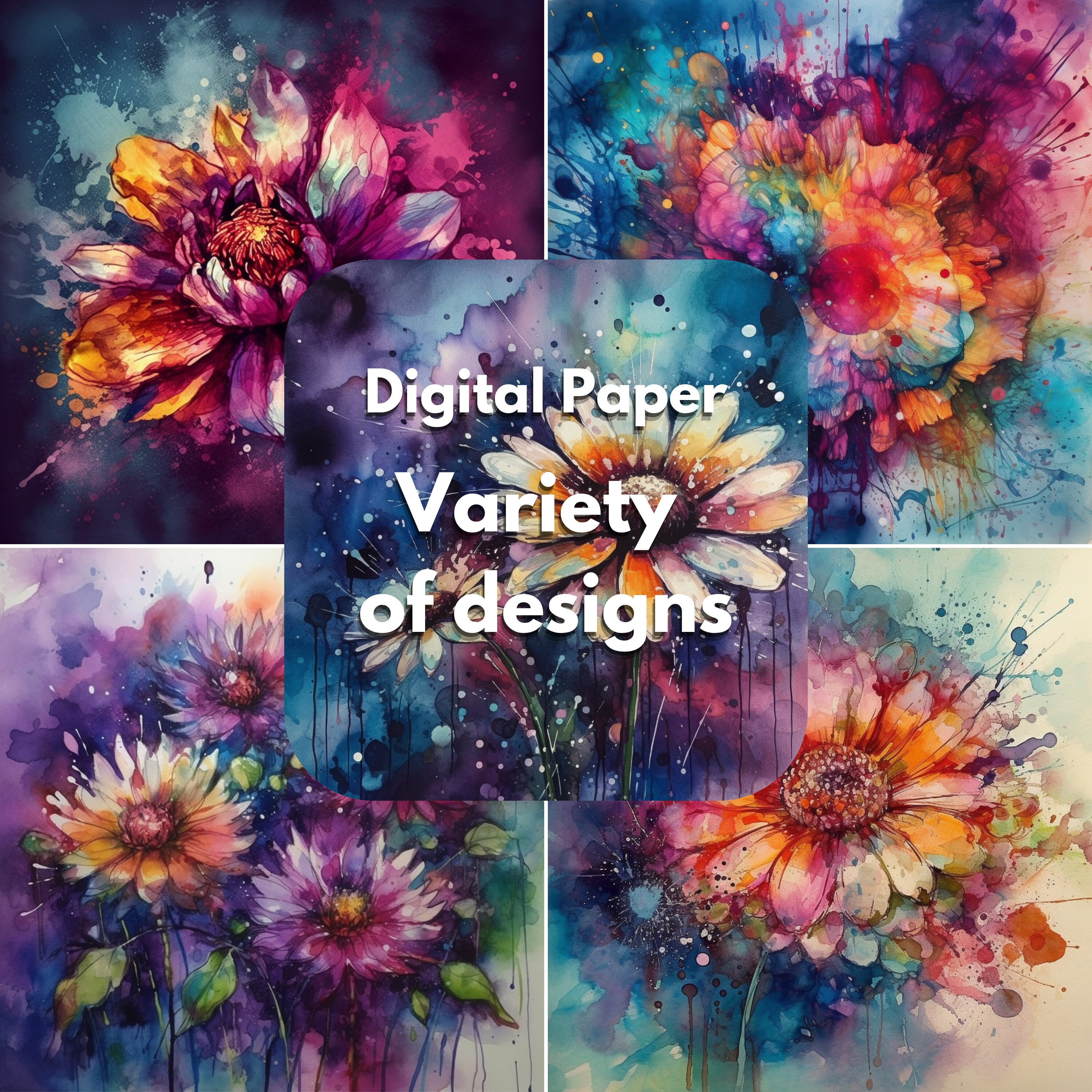 Watercolor Flowers Digital Paper, Watercolor Ink Clipart, Watercolor ...