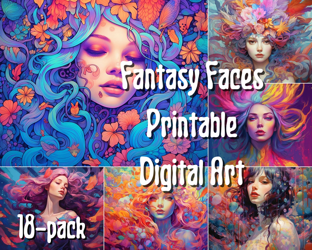 18-pack Fantasy Faces Printable Digital Art, Psychedelic Art ...