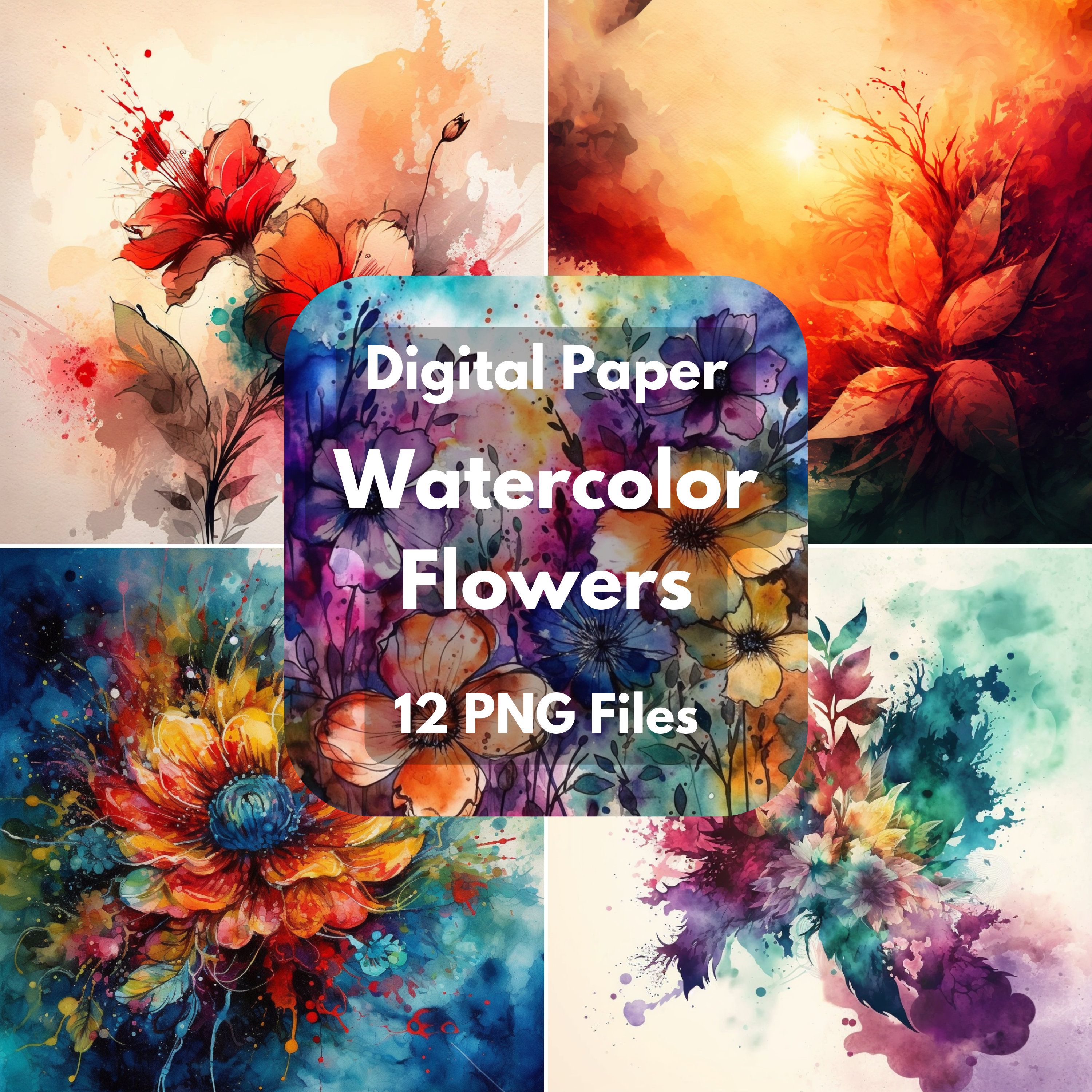Watercolor Flowers Digital Paper, Watercolor Ink Clipart, Watercolor ...