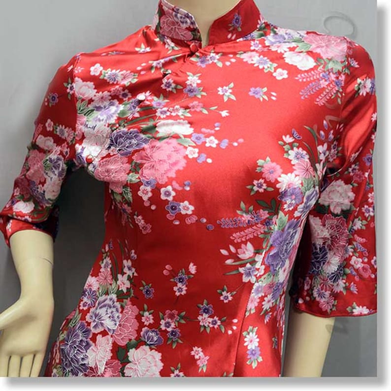 Chinese Cheongsam Qipao Style Floral Silky Satin Tunic Top Red - Etsy