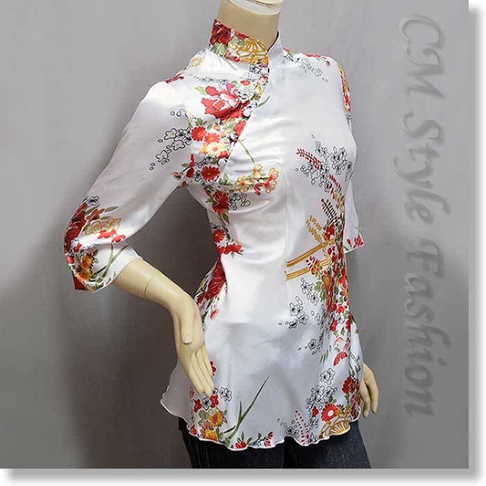 Chinese Cheongsam Qipao Style Floral Silky Satin Tunic Top White - Etsy
