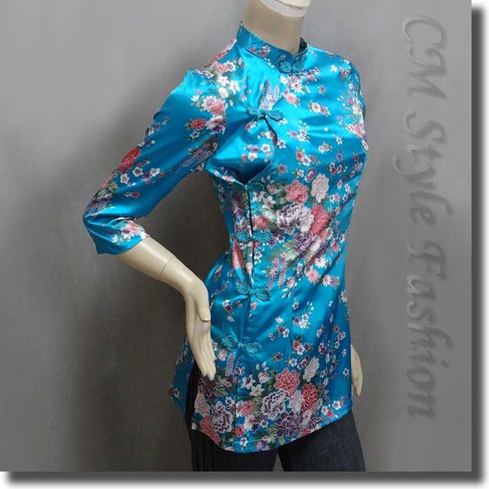 Chinese Cheongsam Qipao Style Floral Satin Tunic Top Blue - Etsy