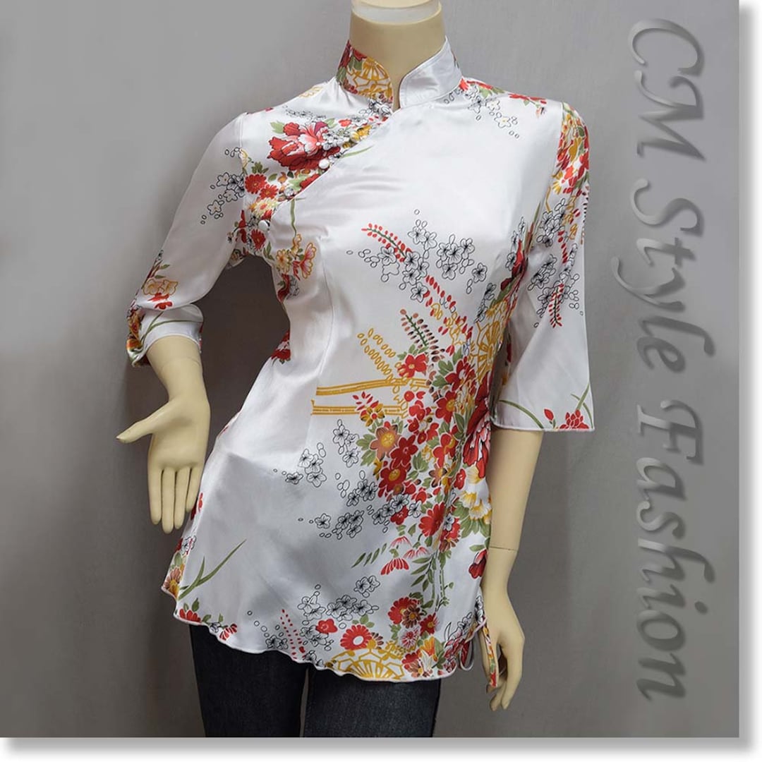 Chinese Cheongsam Qipao Style Floral Silky Satin Tunic Top White - Etsy