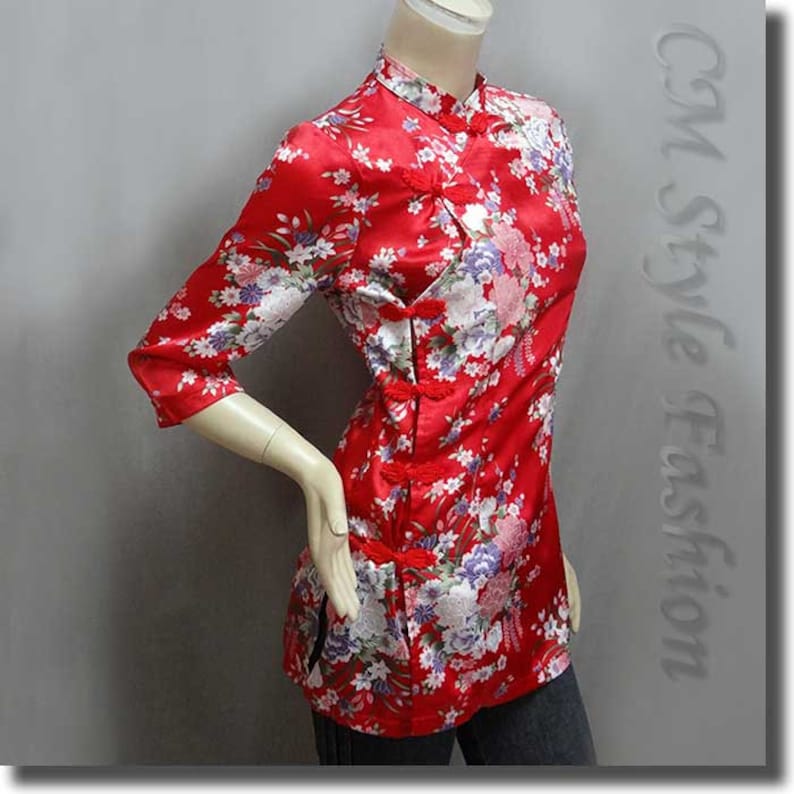 Chinese Cheongsam Qipao Style Floral Satin Tunic Top Red - Etsy